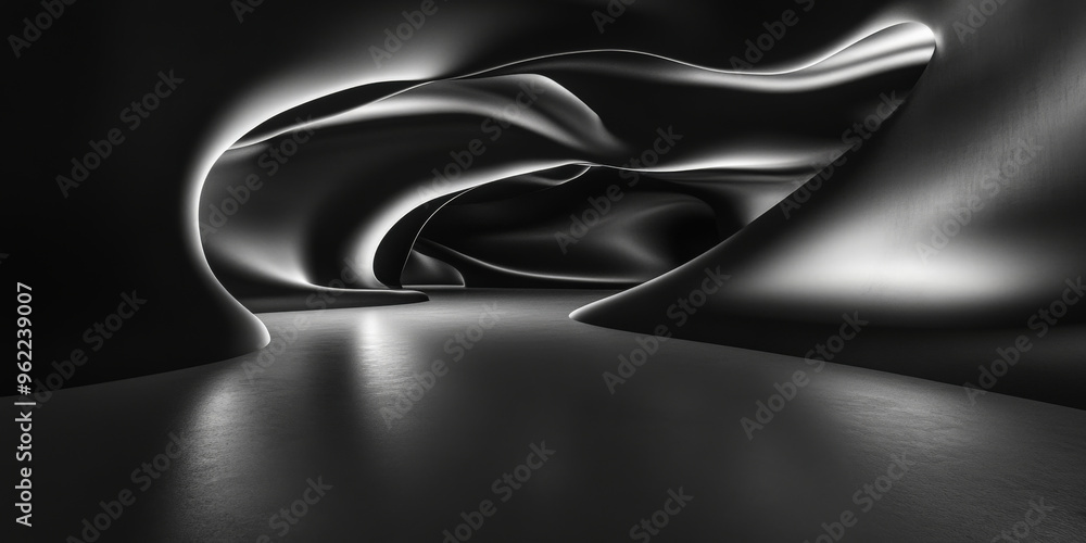 A dramatic 3D black interior with an open, cavernous space and smooth ...