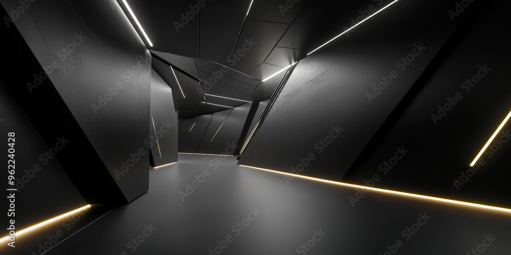 A futuristic 3D black interior with sharp, angular walls and glowing ...
