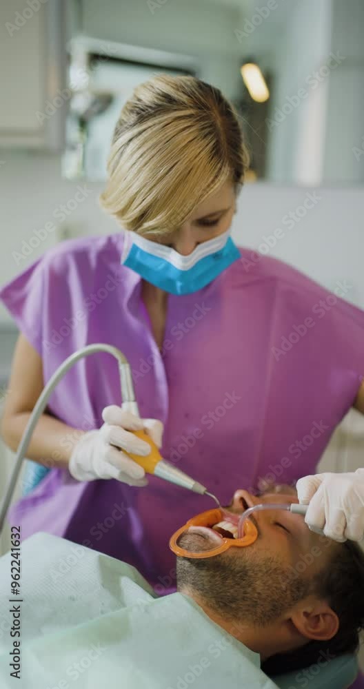 Dentist performing a dental procedure in a modern office with a focus ...