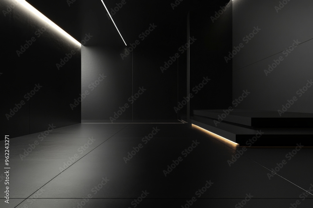 A 3D black interior background with smooth, matte black walls and sleek ...