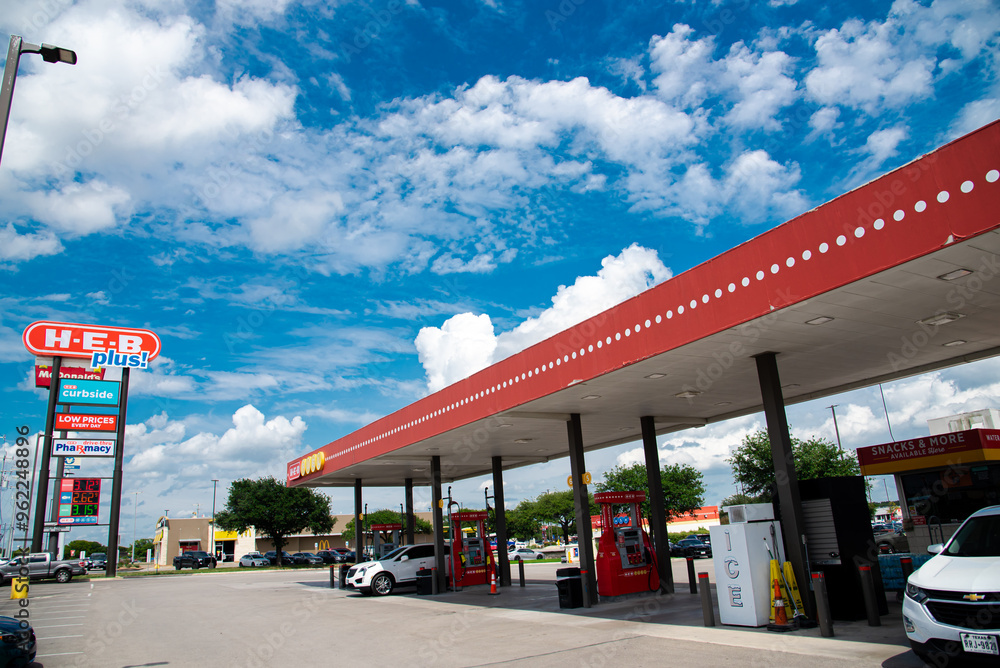 Tall signage standing column and gas station of H.E.B Plus, Circle K ...