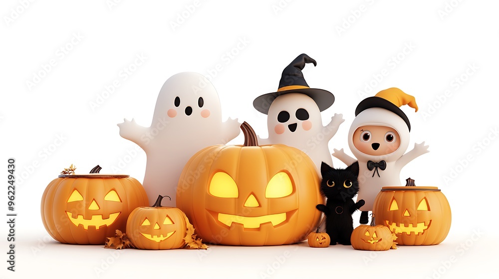 A Halloween-themed 3D clipart of a glowing pumpkin, cute ghost, and a ...