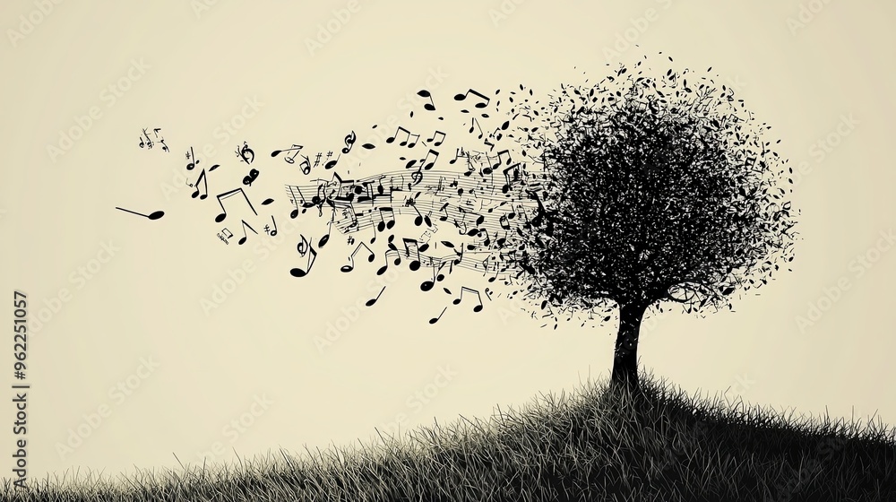 The image shows a solitary tree on a hill, with musical notes being ...