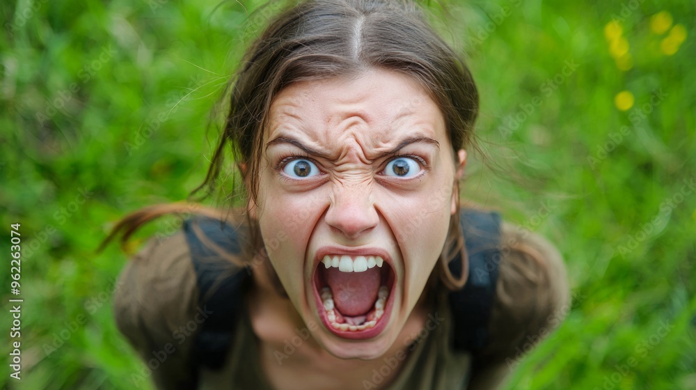 Close-up outdoors young woman screaming loudly opening her mouth wide ...