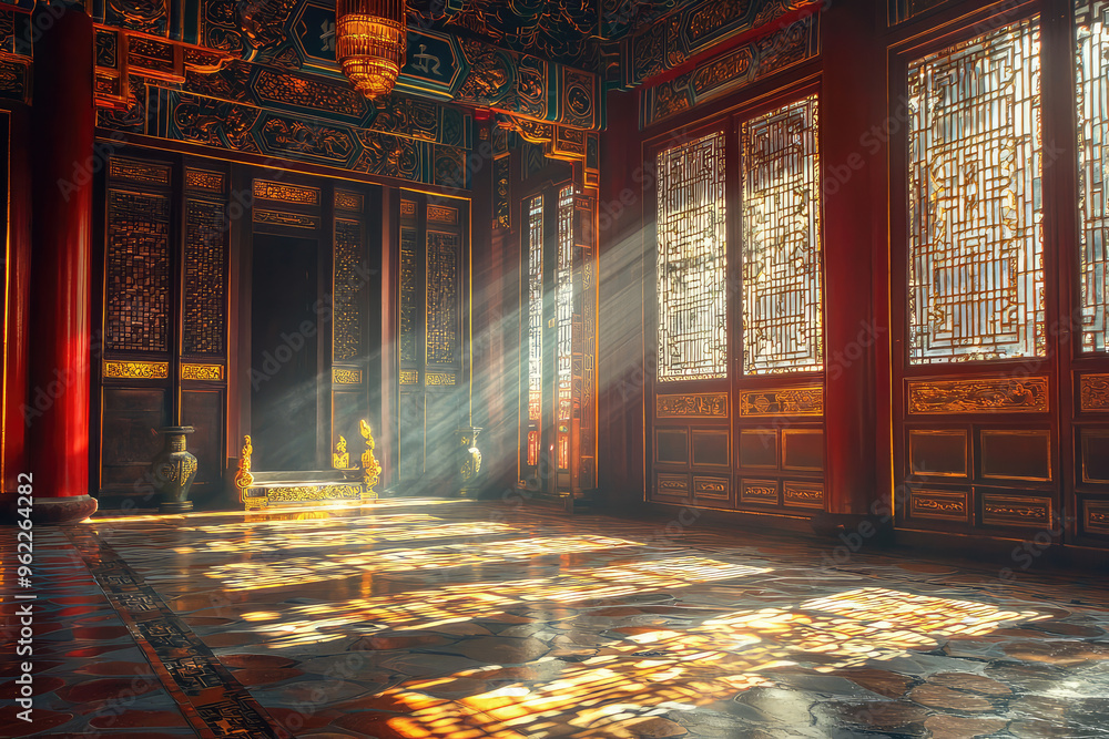 Golden Sunlight Bathes an Ancient Chinese Throne Room, Casting a ...