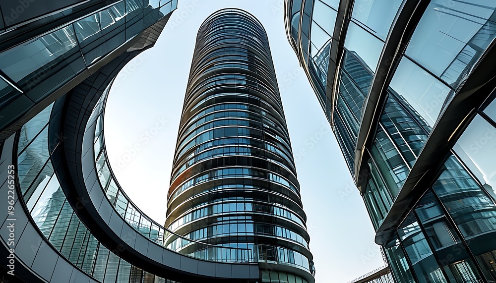 A tall tower of a modern building with a round body and a glass curtain ...