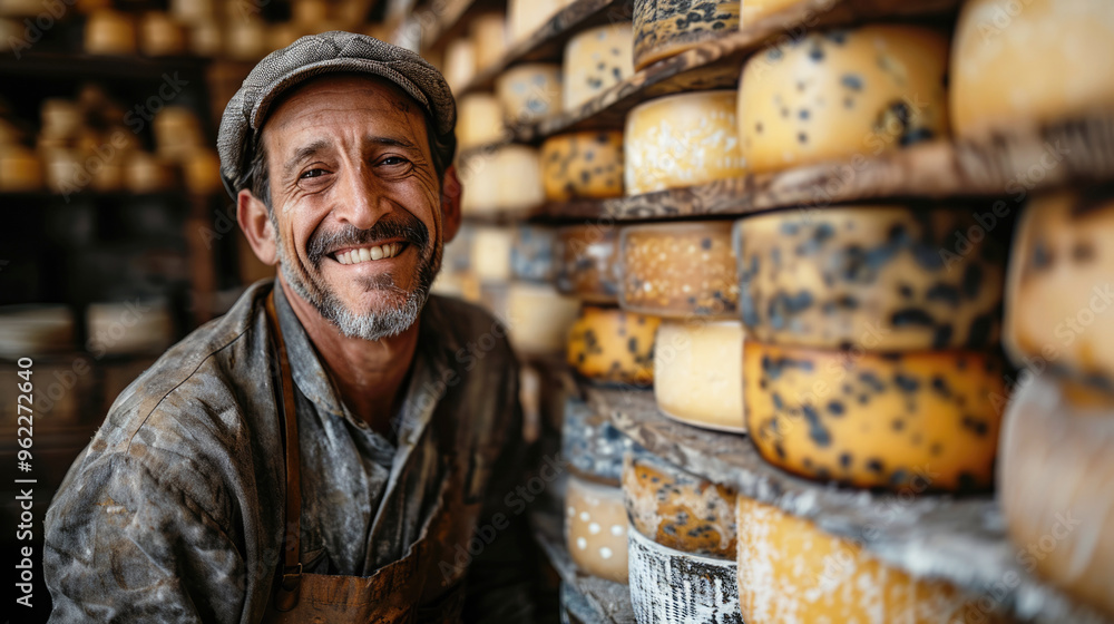 Man cheesemaker in the cellar, beautiful wooden shelves with a ready ...