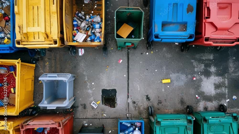 Large colorful industrial containers are holding trash and recyclable ...