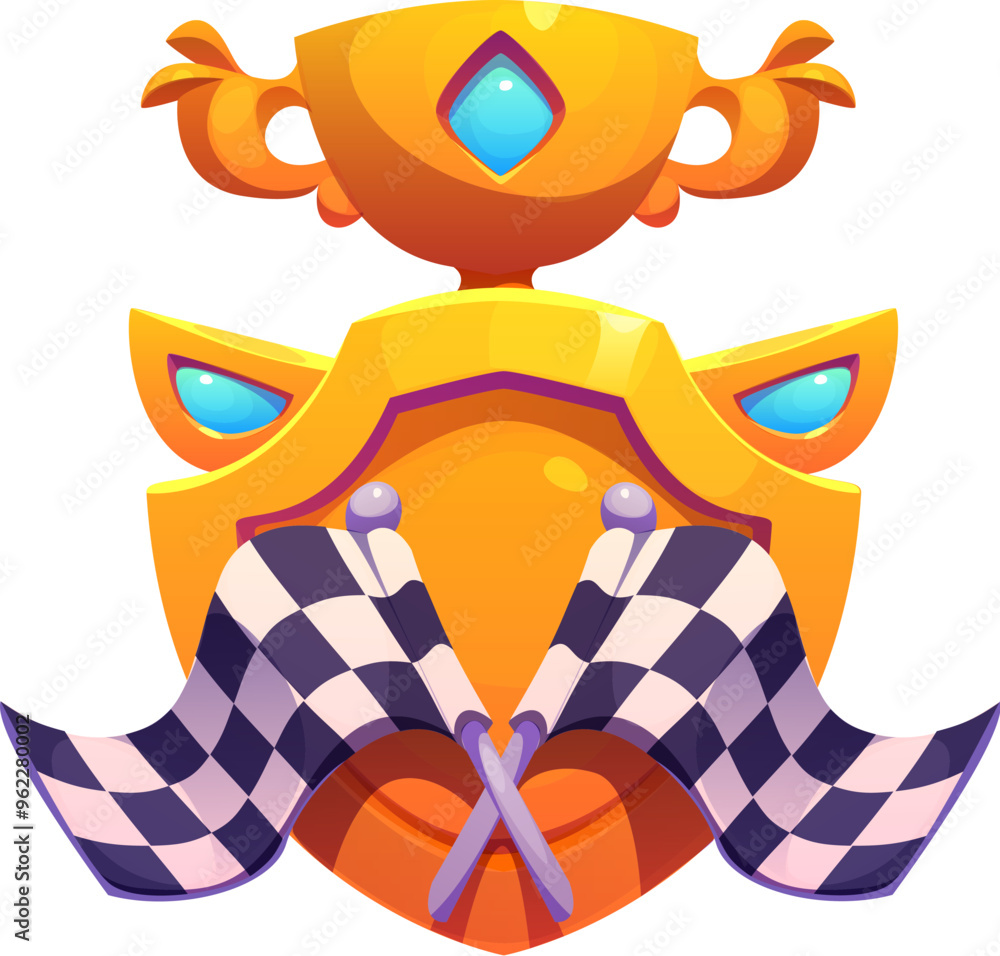 Golden racing trophy, motor and car racing rank award badge with gems ...