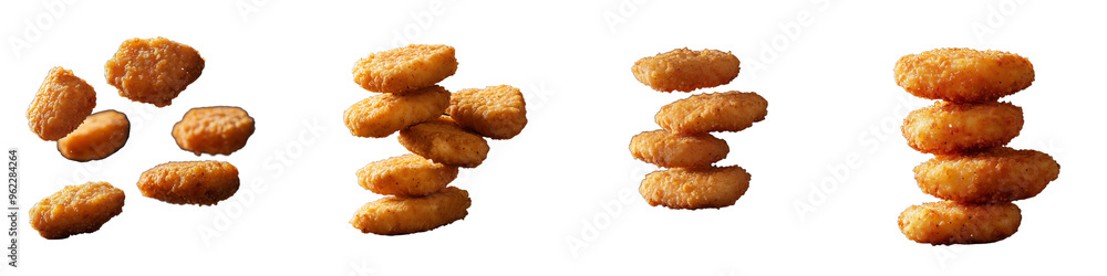 Crispy chicken nuggets arranged in various stacks and positions on a ...