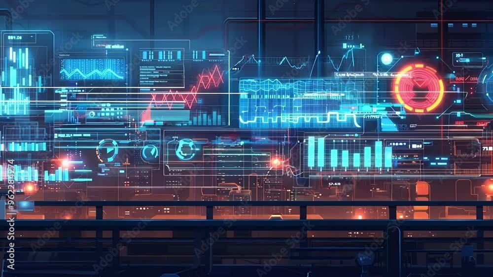 Multiple screens are displaying various data in a modern factory ...