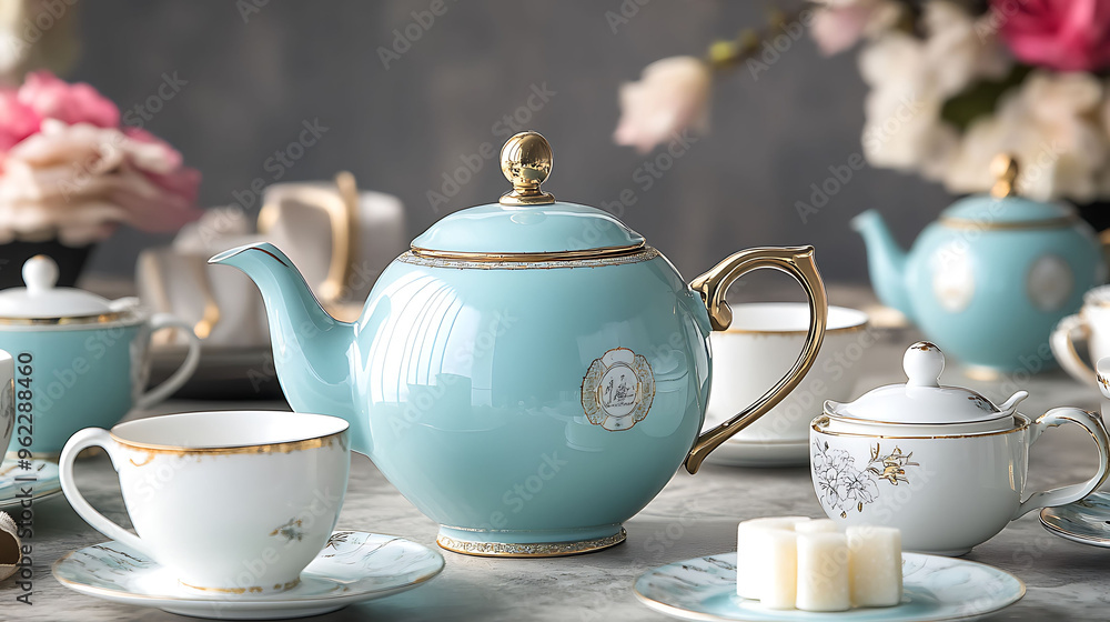Stylish tea party setup with chic crockery including teapots teacups ...