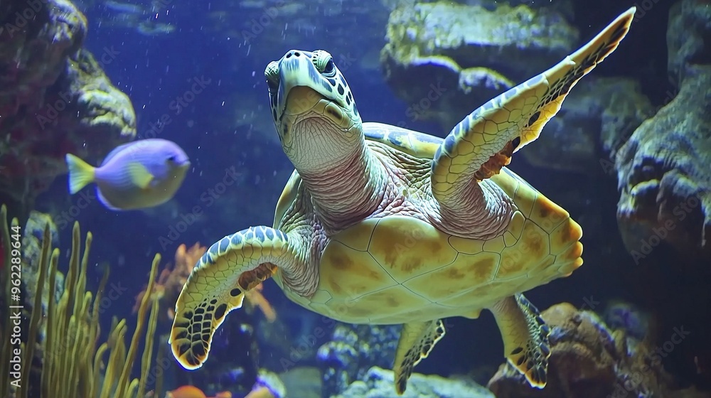An intimate portrayal of a sea turtle gracefully gliding through an ...