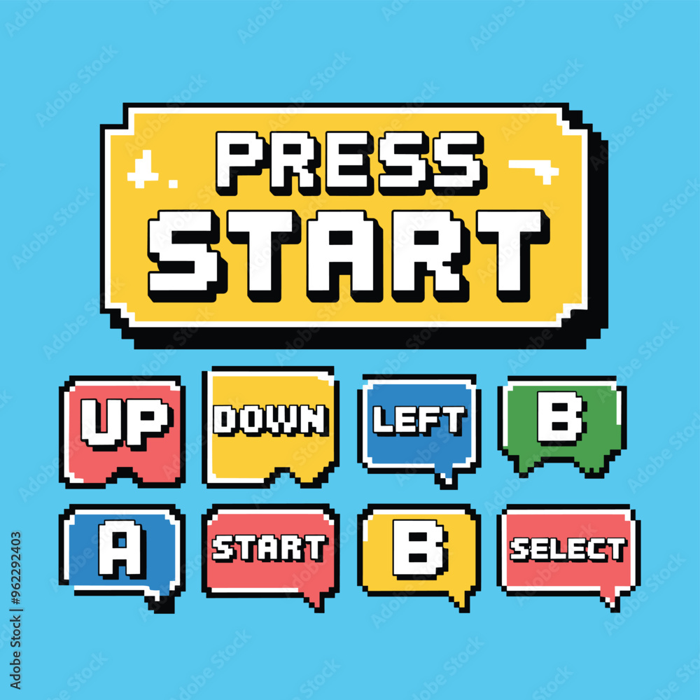 Pixelated video game start screen with directional and action buttons ...
