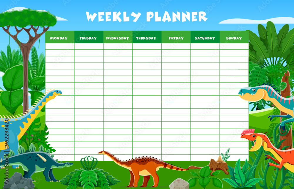 Weekly planner schedule with prehistoric dinosaurs and Jurassic dino ...