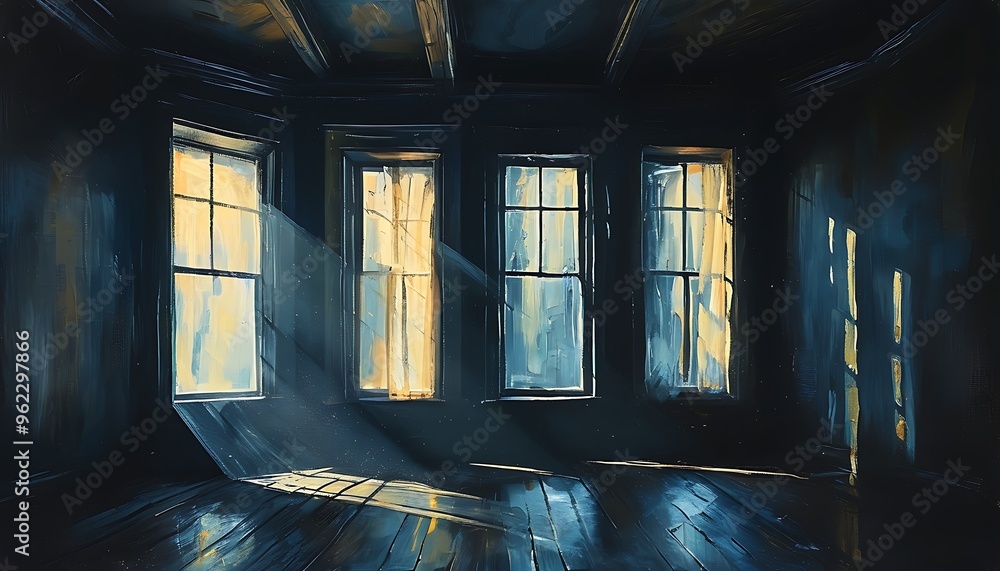 In the dim room, there are several windows showing faint light. The ...