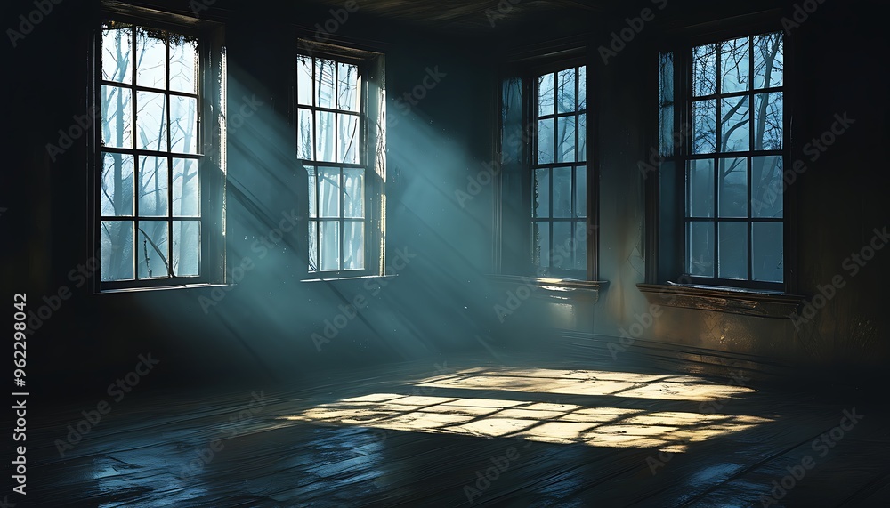 In the dim room, there are several windows showing faint light. The ...