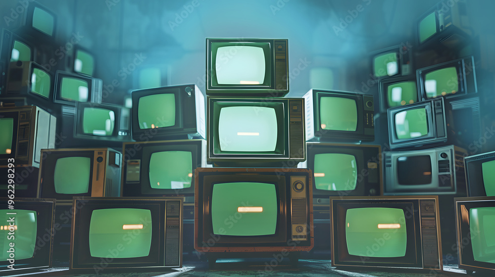 3d rendered set of old tv monitors in old room vintage tvs with green ...