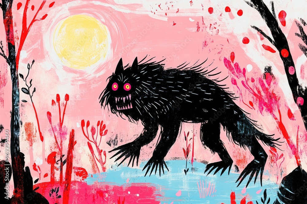 werewolf with sharp claws and glowing eyes howling at full moon in ...