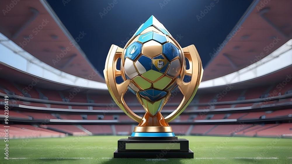 Cartoon-style world championship trophy at a football stadium rendered ...