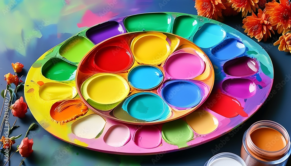 The colorful paint plate presents a variety of colors and displays rich ...