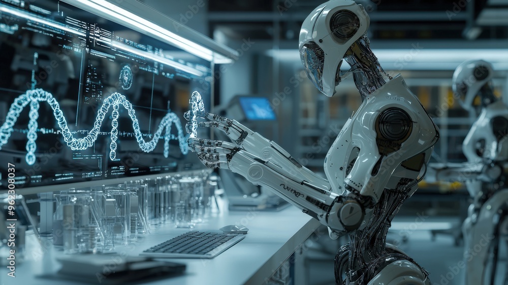 Biotech Lab With Robotic Arms Manipulating Dna Samples Cutting Edge Genetic Research Photo