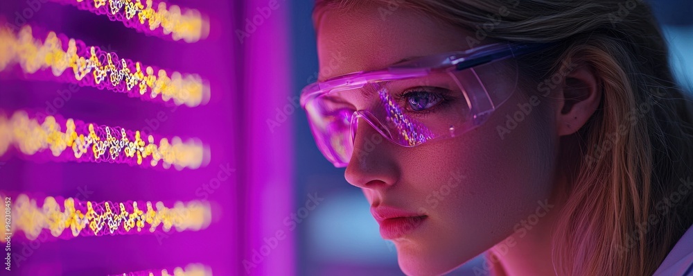 Scientist in a biotech lab observing DNA fragments under UV light ...