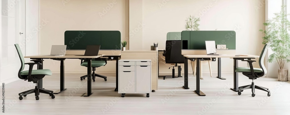 Co-working area with standing desks, adjustable chairs, and a mix of ...