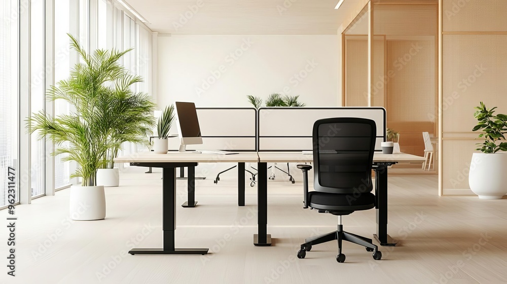 Co-working area with standing desks, adjustable chairs, and a mix of ...