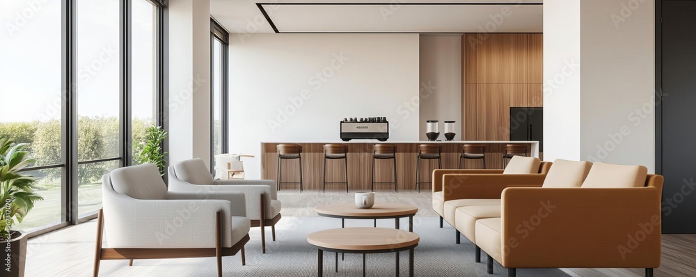 Co-working lounge with sleek furniture, a coffee bar, and open floor ...