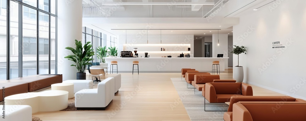Co-working lounge with sleek furniture, a coffee bar, and open floor ...