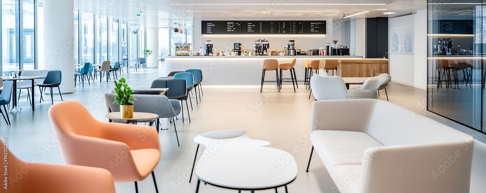 Co-working lounge with sleek furniture, a coffee bar, and open floor ...