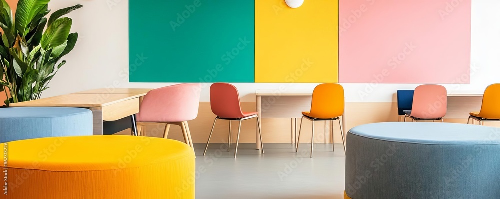 Creative co-working hub with colorful decor, brainstorming zones, and ...