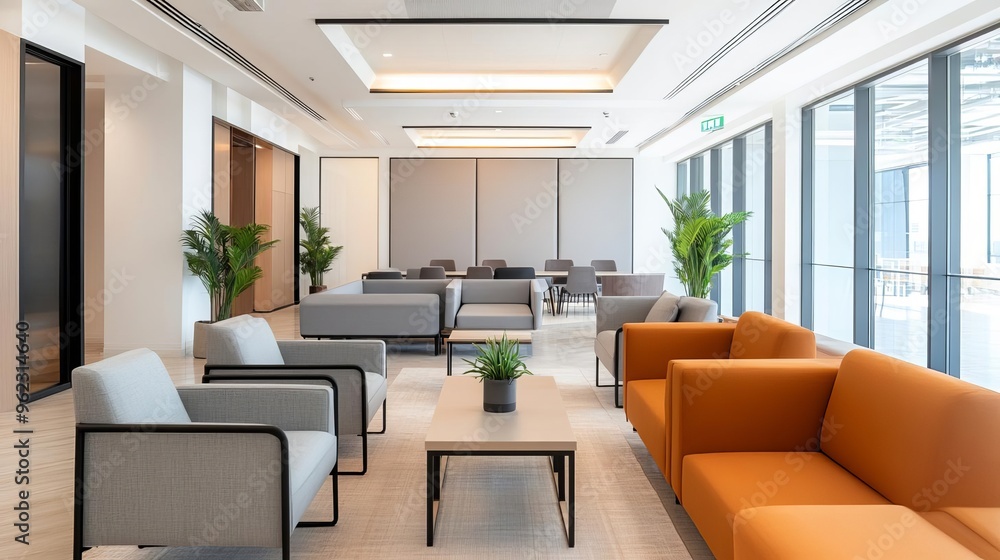 Modern co-working lounge with sleek furniture, open floor plan, and ...