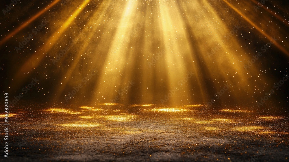 Golden spotlight illuminating a dark stage, soft beams spreading ...