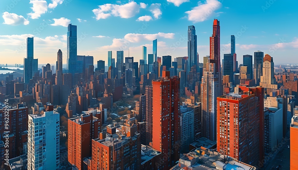 Panoramic view of the city skyline, high-rise buildings in the distance ...