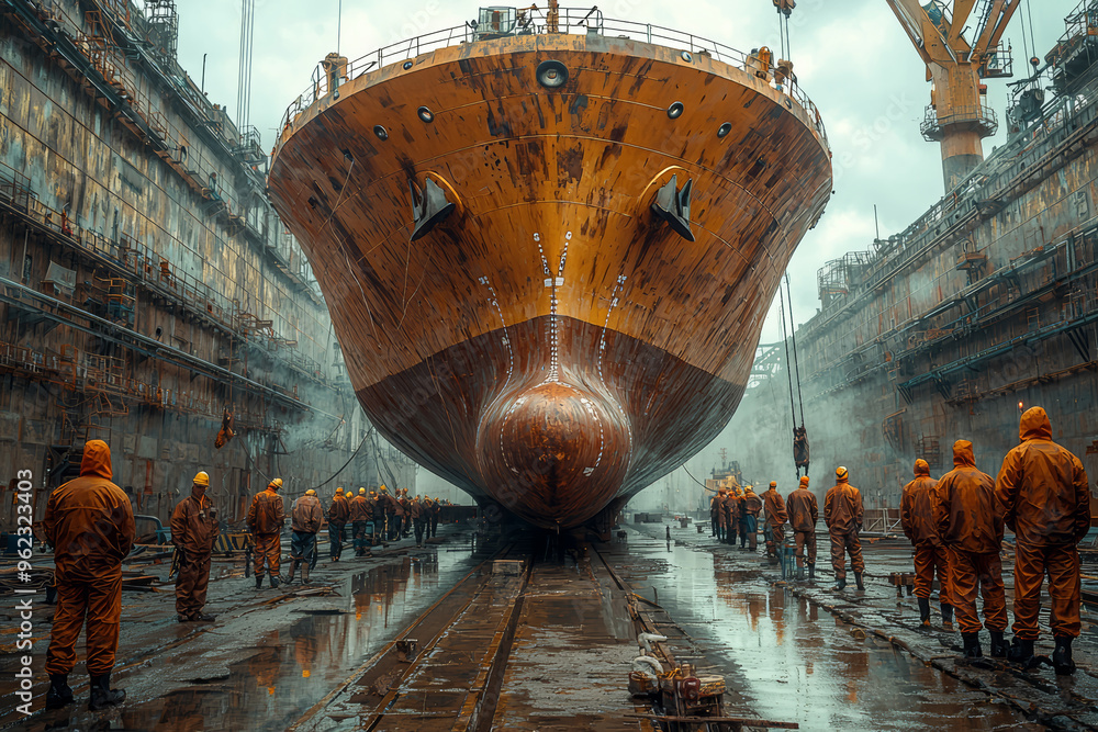 Workers in a shipyard constructing a large cargo vessel, showing the ...