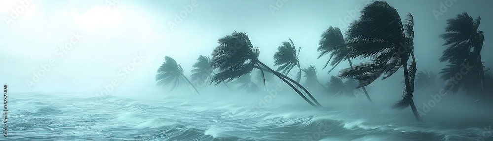 Gale-force winds bending palm trees during a tropical storm, extreme ...