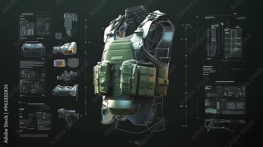 A central low polygon 3D model schematic of a military vest and helmet ...