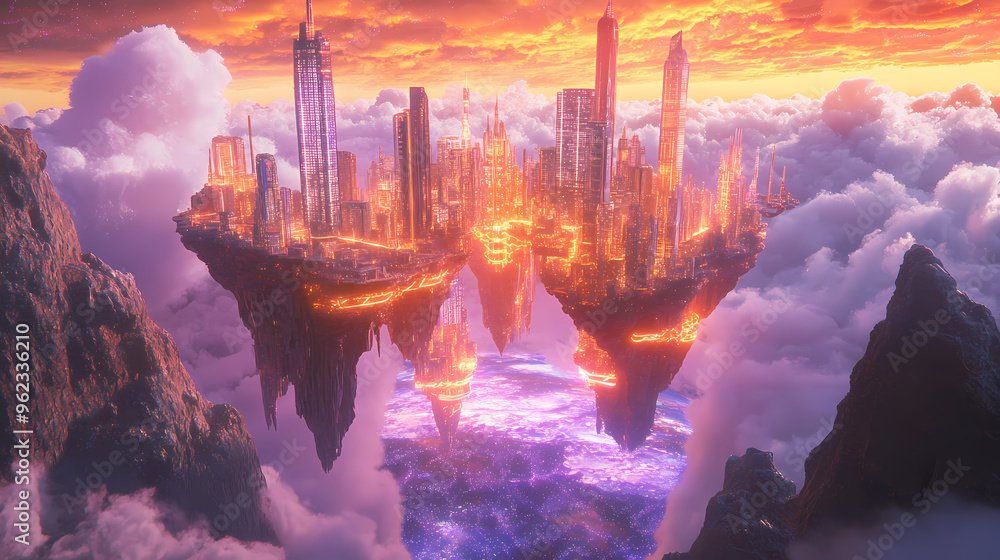 Futuristic floating city illuminated by neon lights hovering above a ...