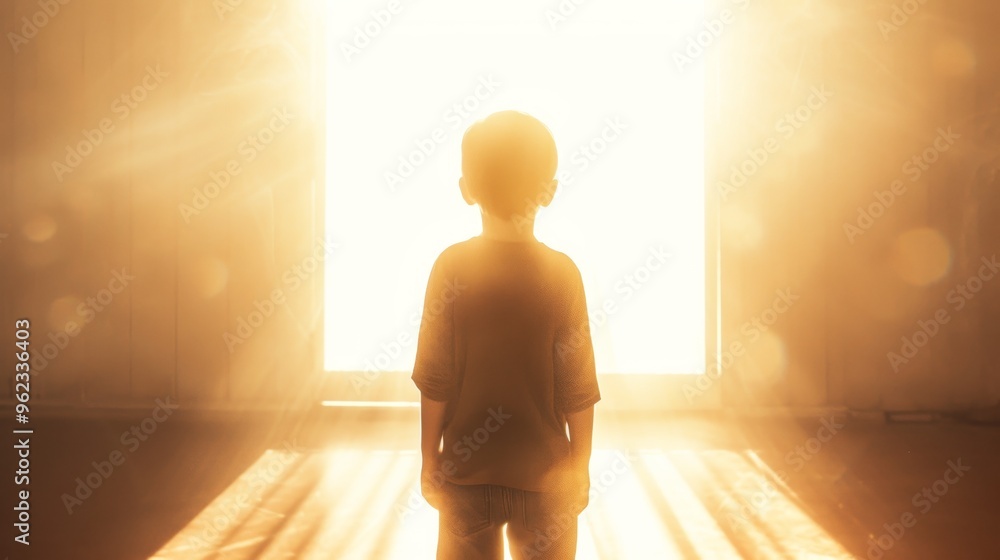 A young boy stands in front of a blindingly bright light source ...