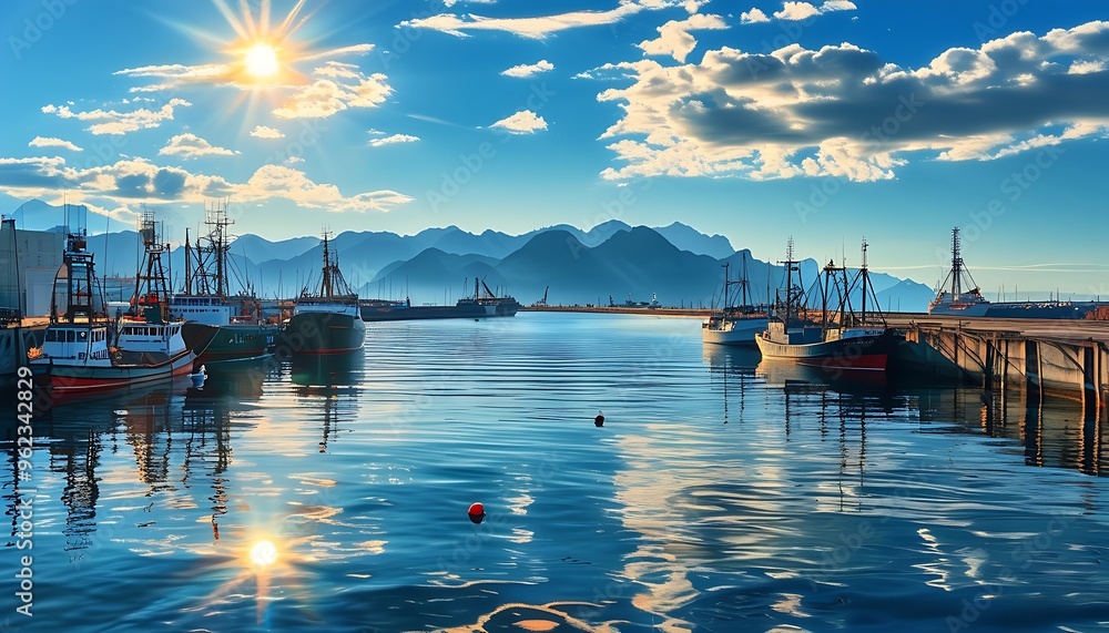 In the port under the sunshine, several ships are docked on the water ...