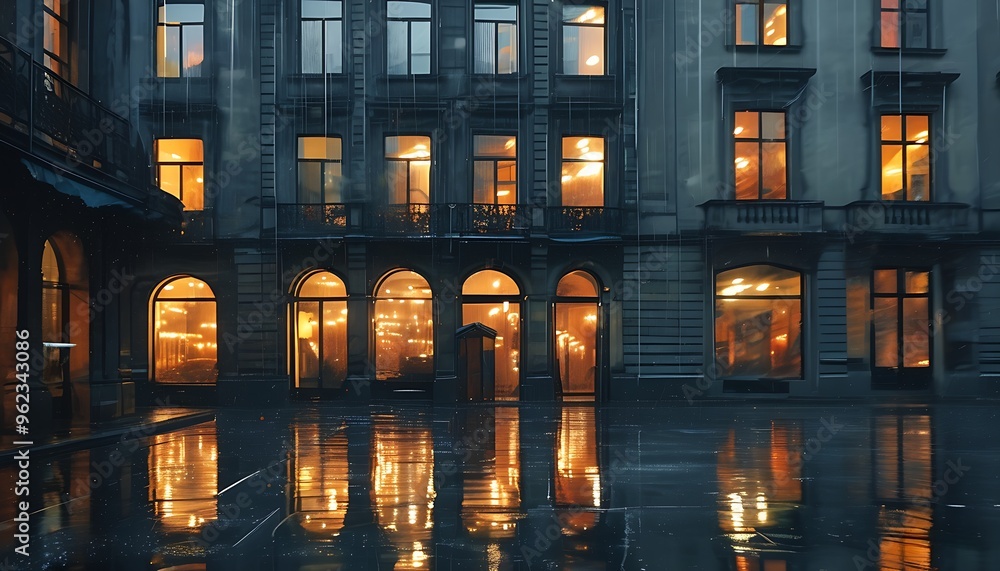 In the old building in the rain, the windows reflect the fuzzy scene ...