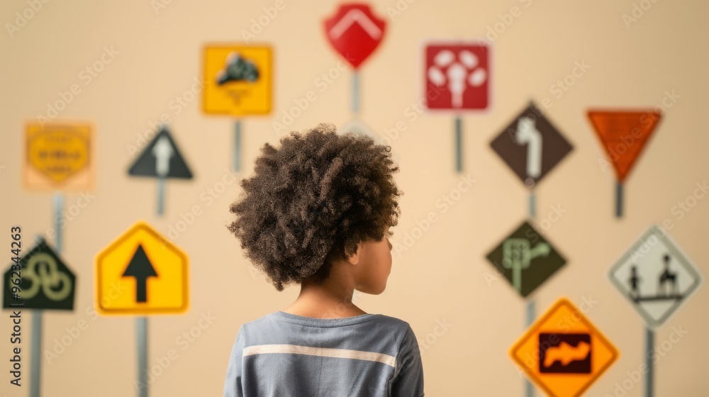 A child with curly hair observes a variety of traffic signs mounted on ...
