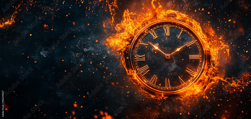 Time pressure or race against time concept. Clock in a fire, a few ...
