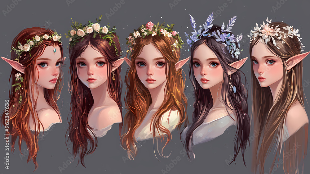 Women elf princess fairy tale beautiful face model collection set ...