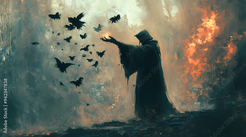 Photo Evil sorcerer casting a spell to release the black insects from ...