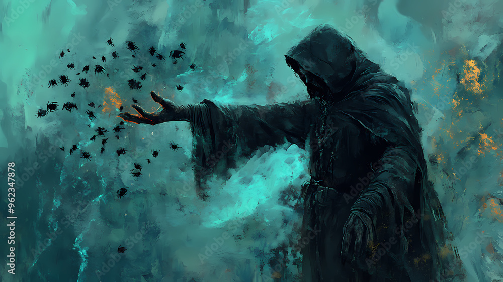 Evil sorcerer casting a spell to release the black insects from his ...
