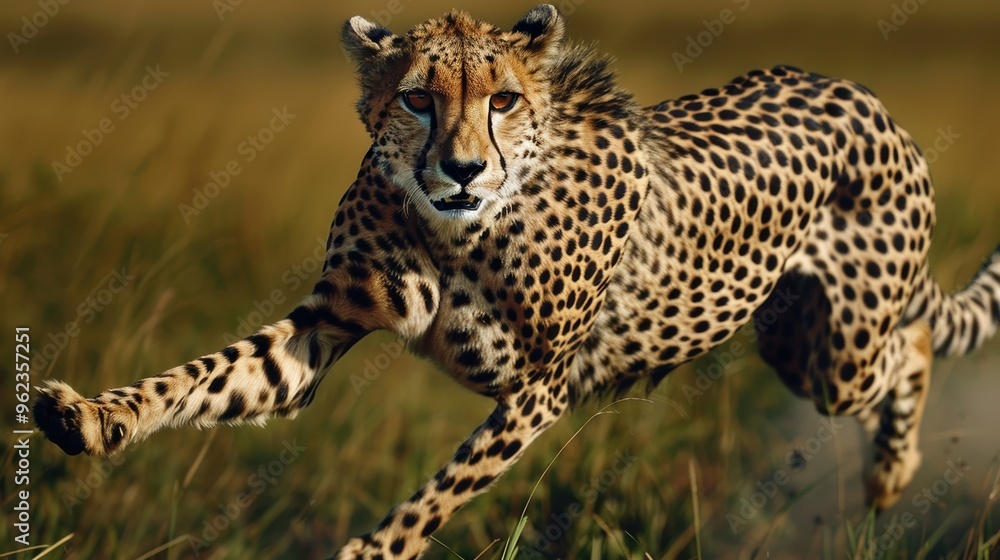 A sleek cheetah in mid-sprint across the savannah, its powerful muscles ...