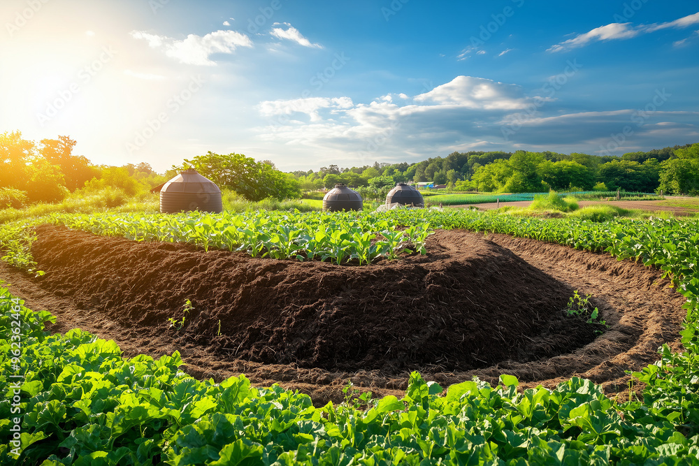 An organic farm with compost piles and a bio-converter that converts ...